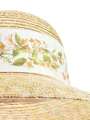 FERRAGAMO Floral-print Silk-trimmed Straw Hat - Neutrals