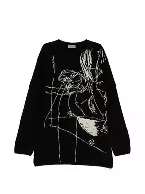Yohji Yamamoto Intarsia Applique Crew Neck Sweater - Black