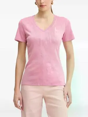 Liu Jo LIU JO Logo Embroidered V-Neck Metallic T-Shirt Pink