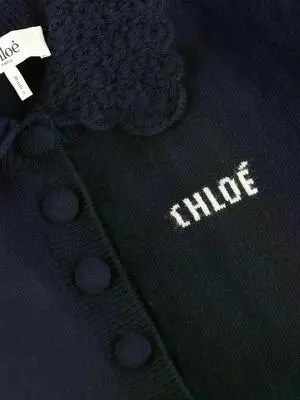 Chloé Navy Wool Cardigan With Crochet Collar And Embroidered Logo - Blue