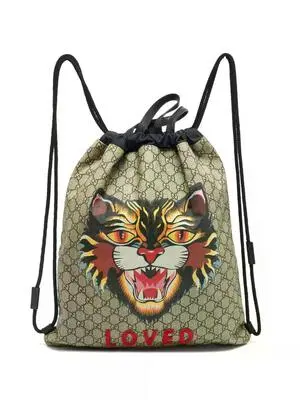 Gucci Gg Supreme Canvas Drawstring Backpack With Angry Cat Motif - Neutrals
