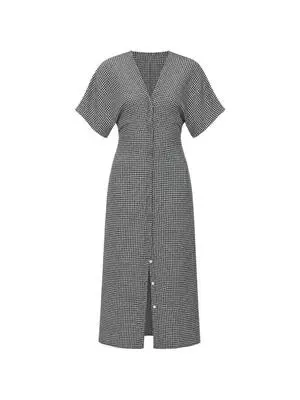 SUPER BLOND Houndstooth Pattern V-neck Short-sleeve Midi Dress - Black