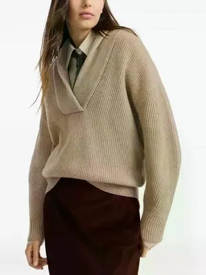 Brunello Cucinelli Cashmere English-rib Sweater With Monili - Neutrals