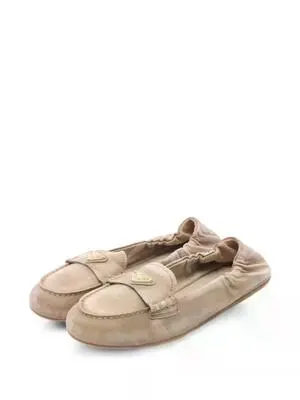 Prada Beige Leather Round Toe Logo Plaque Loafers
