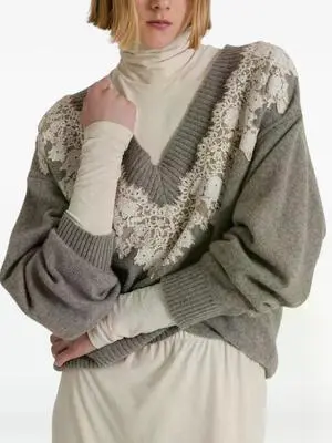 Alberta Ferretti Lace-trimmed V-neck Sweater