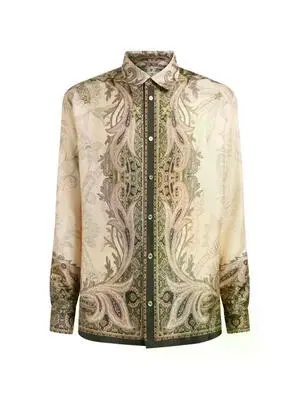 Etro Silk Twill Shirt With Placed Pegaso-print - Neutrals
