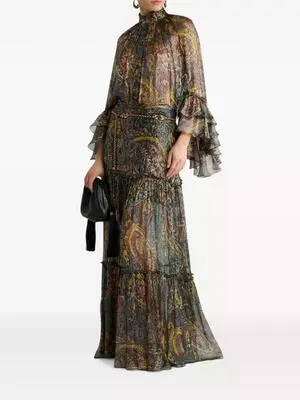 Etro Silk Shirt With Ruffle And Striped Floral Paisley Motif - Black