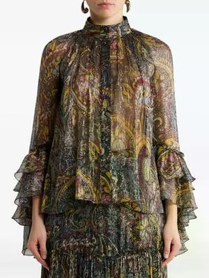 Etro Silk Shirt With Ruffle And Striped Floral Paisley Motif - Black