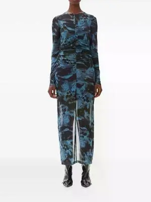 GANNI Printed Mesh Ruched Long Dress - Blue