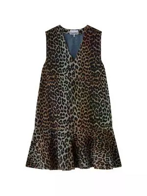 GANNI Leopard Print Denim Mini Dress With V-neckline And Ruffled Hem