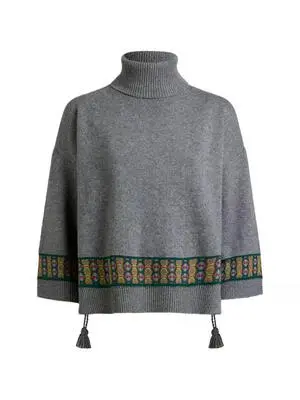 Etro Wool-blend Kimono Sweater With Tassels And Geometric Motif - Grey