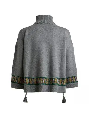 Etro Wool-blend Kimono Sweater With Tassels And Geometric Motif - Grey