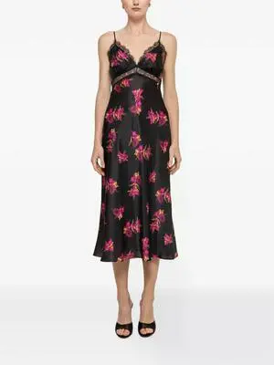 NISSA Floral Print Silk Midi Dress - Black