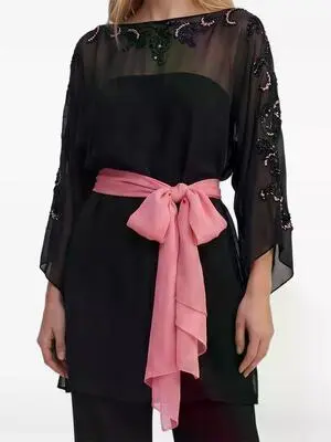 Vintage Blouse And Trousers Set With Pink Waist Tie