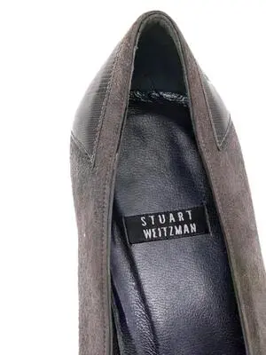 STUART WEITZMAN Suede Almond Toe Pumps With Checked Heel Counter