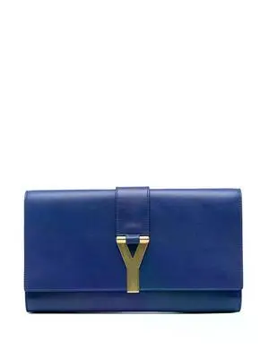 Saint Laurent Leather Clutch Bag With Gold-tone Y Hardware - Blue