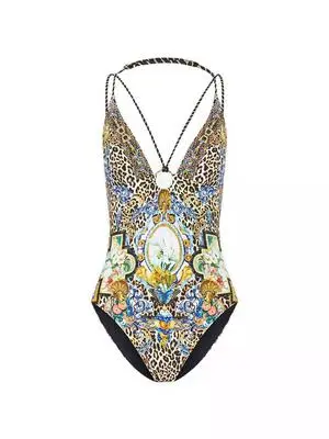 Camilla Leopard Print V-neck Halterneck Swimsuit With Crystal Embellishments And Crossover Straps - Black