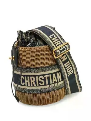 Dior Woven Bucket Bag With Embroidered Shoulder Strap - Neutrals