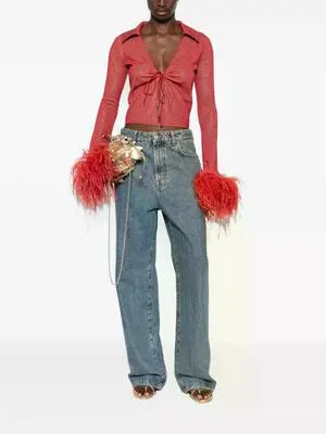 Oseree Metallic-thread Feather-trim Cropped Top - Red