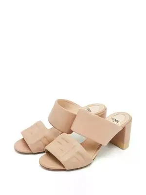 Fendi Beige Leather Ff Motif Block Heel Sandals
