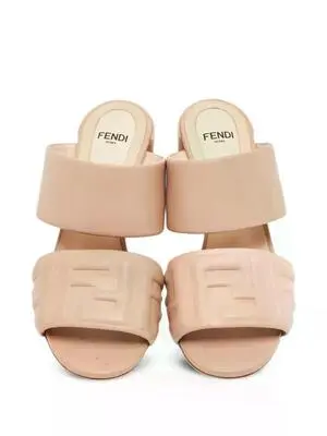 Fendi Beige Leather Ff Motif Block Heel Sandals