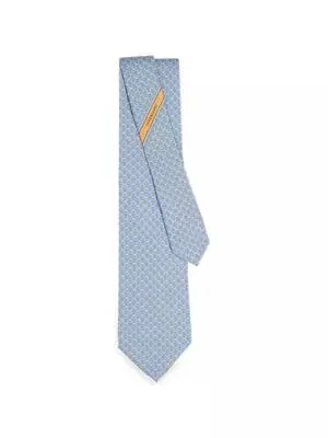FERRAGAMO Gancini Links Print Silk Neck Tie - Blue
