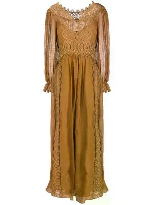 Alberta Ferretti Lace Linen Long Dress - Brown