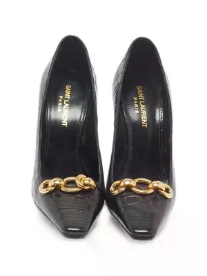 Saint Laurent Silvana Croc-embossed Leather Pumps With Gold-tone Chain Detail - Black