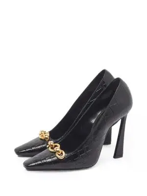 Saint Laurent Silvana Croc-embossed Leather Pumps With Gold-tone Chain Detail - Black