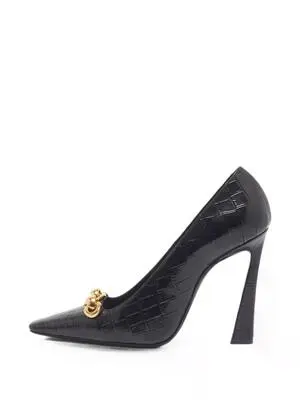 Saint Laurent Silvana Croc-embossed Leather Pumps With Gold-tone Chain Detail - Black
