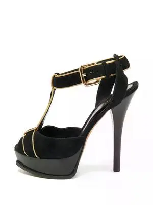 Fendi Suede Platform Stiletto Heeled Sandals With Gold-tone Logo Plaque - Black