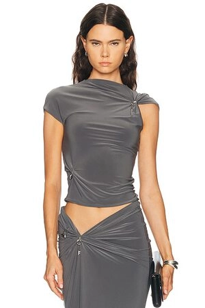 GRACE LING Mock Neck Top With Hardware Accents - Grey