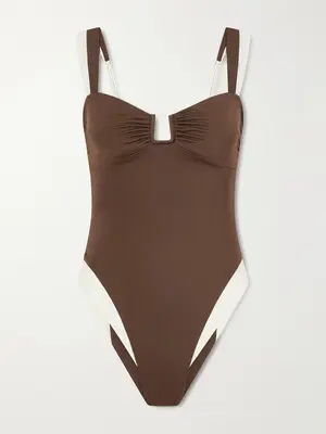 AWAY THAT DAY Cannes Two-tone Gathered Swimsuit - Brown