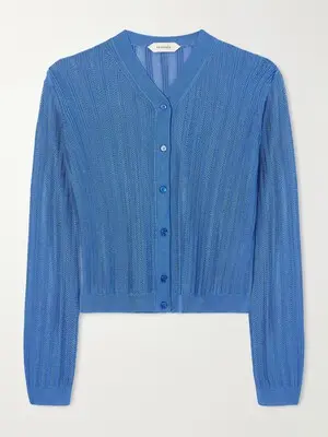 Versace Medusa-embellished Ribbed Crochet-knit Cardigan - Blue