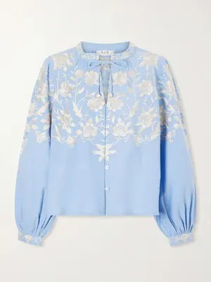 Sea Alina Embroidered Cotton And Linen-blend Blouse - Blue