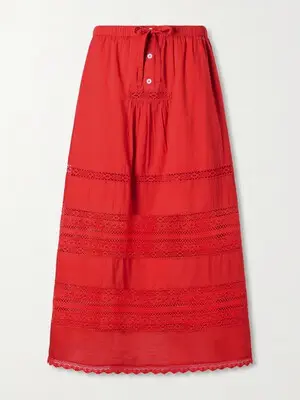 Sea Pippa Lace-trimmed Cotton Midi Skirt - Red