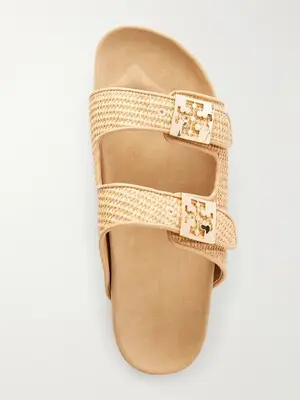Tory Burch Mellow Embellished Raffia And Leather Sliders - Brown