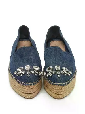 Miu Miu Embellished Denim Espadrille Platform Wedge Shoes