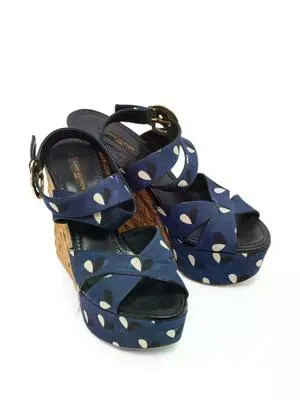 LOUIS VUITTON Navy Heart Print Espadrille Wedge Sandals