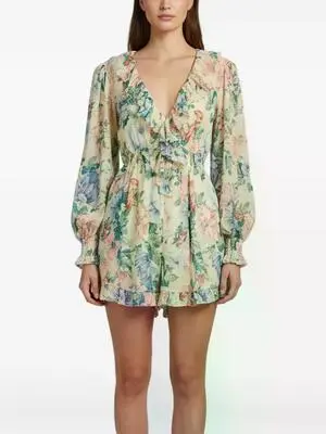 Zimmermann Floral Print Bishop Sleeve Playsuit - Neutrals