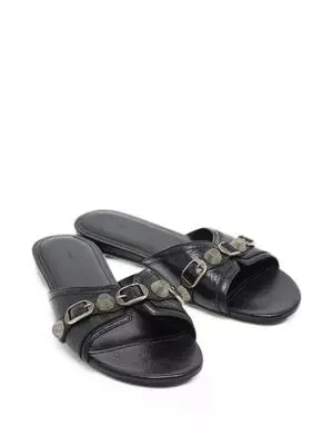 Balenciaga Le Cagole Leather Slides With Gunmetal Studs - Black