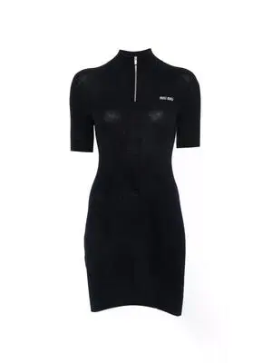 Miu Miu Ribbed Knit Logo Embroidered Mini Dress - Blue