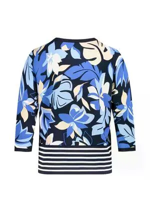 BETTY BARCLAY Floral Print Three-quarter Sleeve Crew Neck Sweater With Striped Hem - Blue
