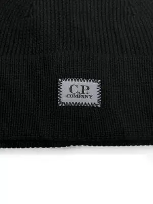 C.P. COMPANY Logo Patch Ribbed Knit Beanie Hat - Black