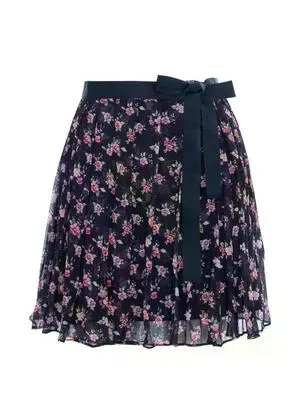 CUANNA Floral Print Pleated Midi Skirt With Side Tie - Blue