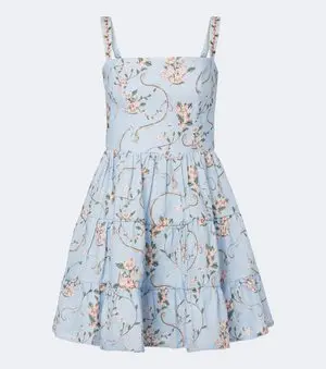 Agua Bendita Floral Tiered Linen Mini Dress - Blue