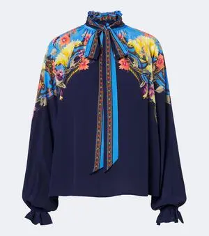Etro Floral Tie-neck Silk Habotai Blouse - Blue