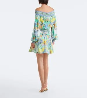 Camilla Printed Embellished Off-shoulder Silk Mini Dress
