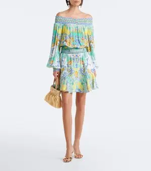Camilla Printed Embellished Off-shoulder Silk Mini Dress