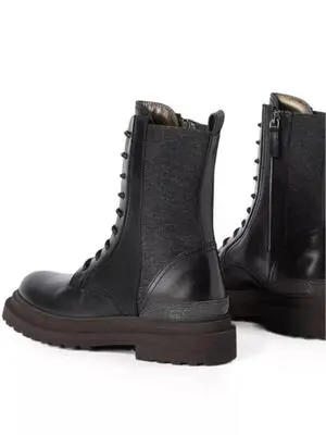 Brunello Cucinelli Matte Calfskin And Virgin Wool Flannel Lace-up Boots With Monili Detail - Black